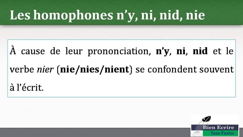 Les homophones n’y, ni, nid, nie, nies, nient - Bien écrire