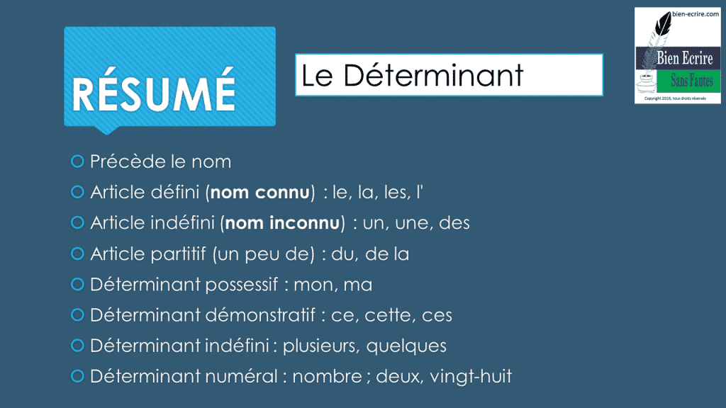 Répérer les classes grammaticales : les déterminants - Bien écrire