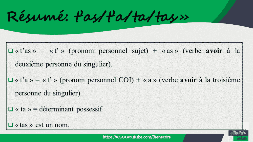 t’as/t’a/ta/tas : comment choisir le bon homophone ? - Bien écrire